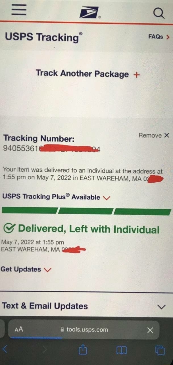= Ba. Q USPS Track Another Package + Tracking Number: Remove X 94055361 ...