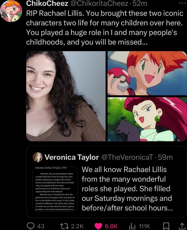 ChikoCheez @ChikoritaCheez- RIP Rachael Lillis. You brought these two ...