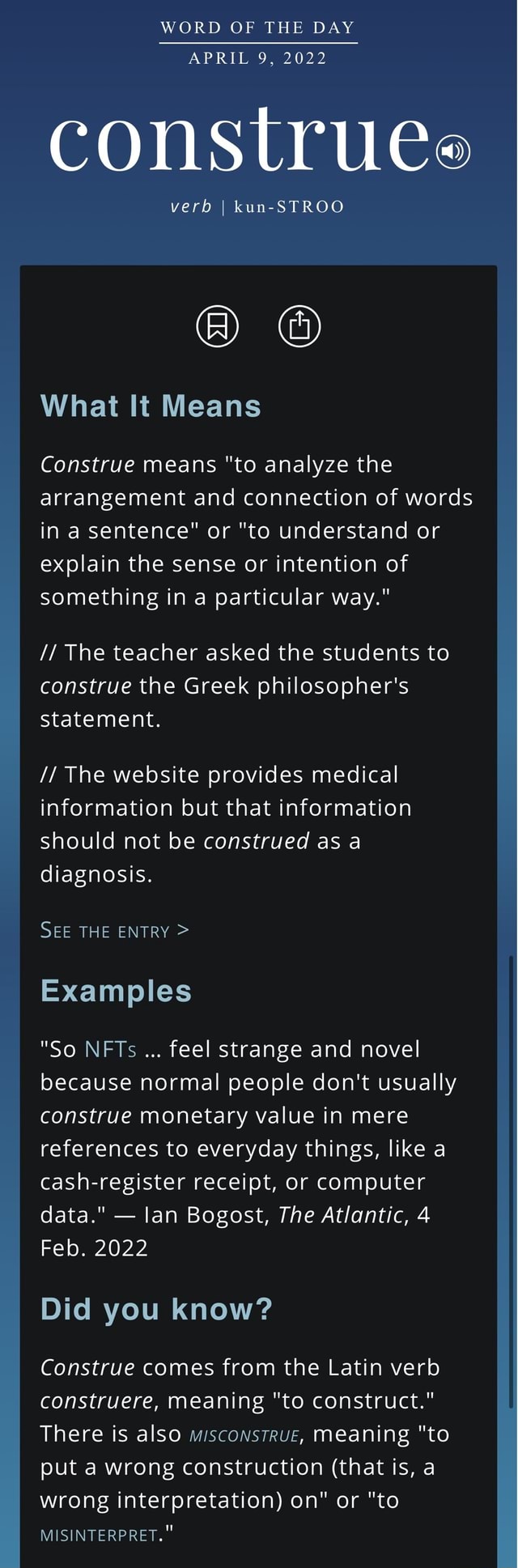 WORD OF THE DAY APRIL 9, 2022 construee verb I kun-STROO What It Means ...