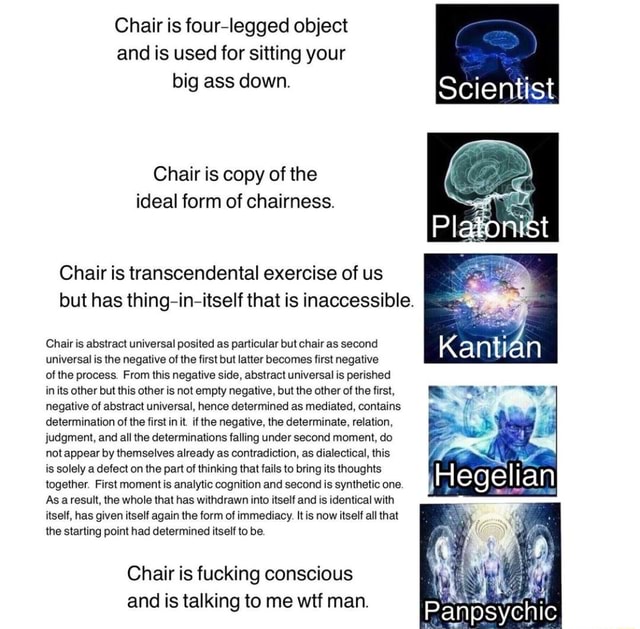 Chair is four-legged object and is used for sitting your big ass down ...