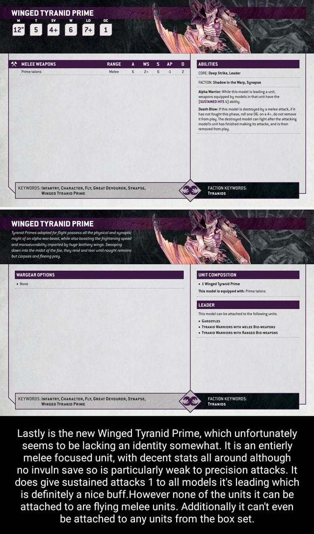 WINGED TYRANID PRIME MELEE WEAPONS Prime talons. CORE: Deep Strike ...