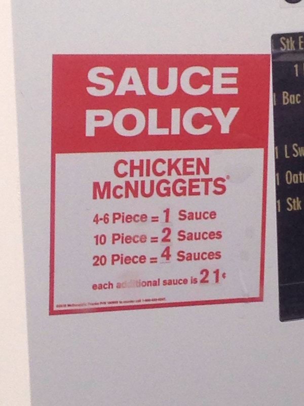 SAUCE POLICY CHICKEN 1 Sauce 10 Piece 2 Sauces 20 Piece 4 Sauces 