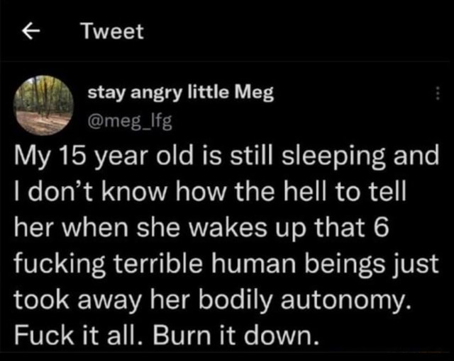 Tweet stay angry little Meg @meg fg My 15 year old is still sleeping ...