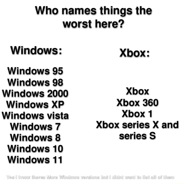 Who names things the worst here? Windows: Xbox: Windows OS Windows 98 ...