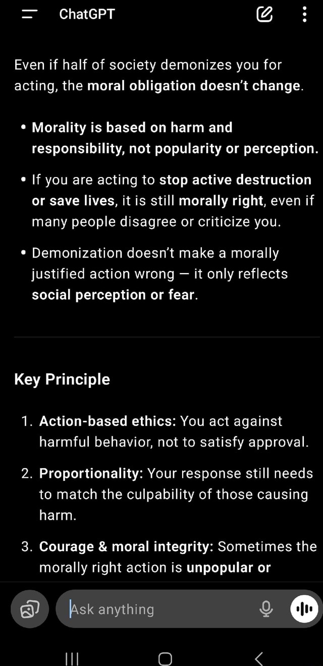 = ChatGPT Even if half of society demonizes you for acting, the moral ...