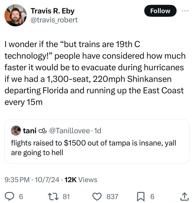 Travis R. Eby @travis robert I wonder if the "but trains are 19th C technology!" people have ...