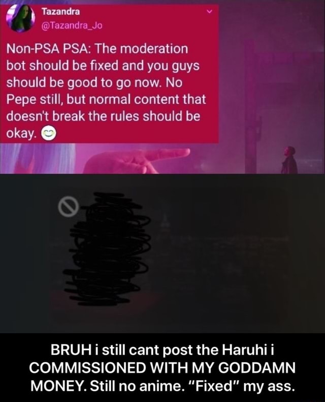@Tazandra_Jo Non-PSA PSA: The moderation bot should be fixed and you ...