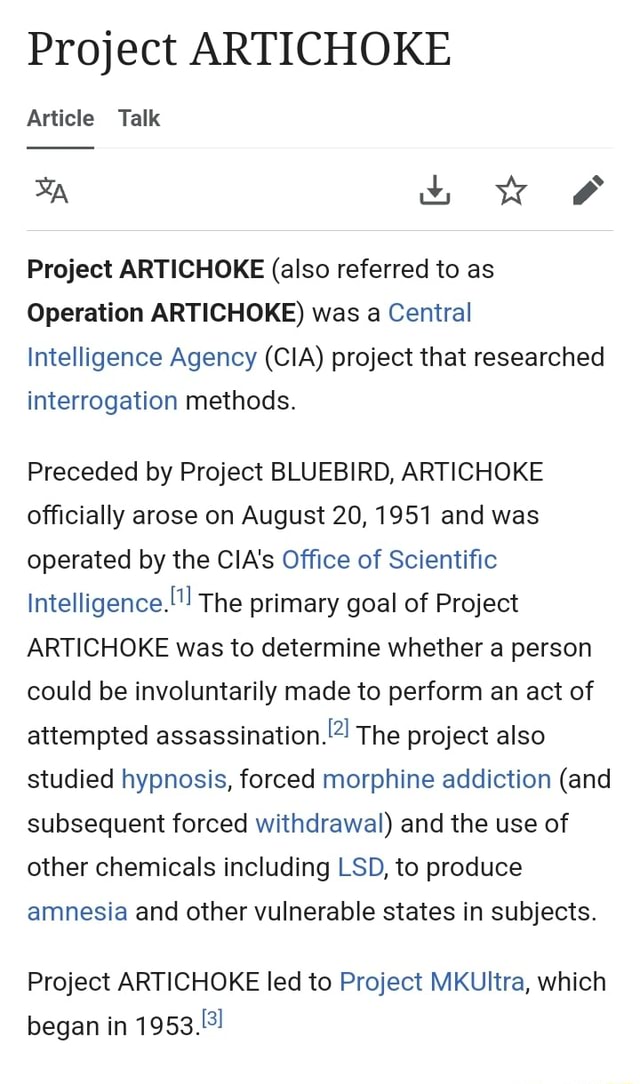 Project ARTICHOKE Article Talk Project ARTICHOKE (also referred to as ...