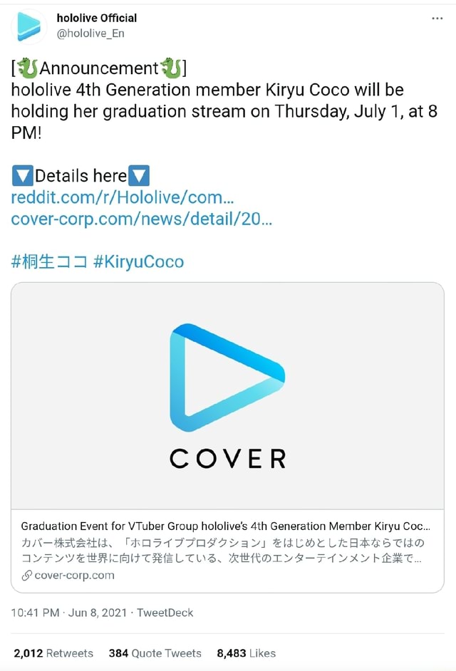 Hololive Official @hololive_En Announcement hololive Generation member ...