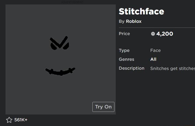 Stitchface By Roblox Price Type Face Genres All Description Snitches ...