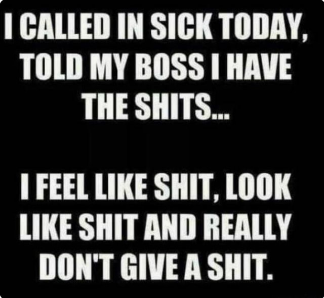 CALLED IN SICK TODAY, TOLD MY BOSS I HAVE THE SHITS.. FEEL LIKE SHIT ...
