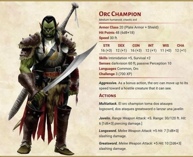 Orc CHAMPION 'Medium humanoid, chaotic evil 'Armor Class 20 (Plate ...