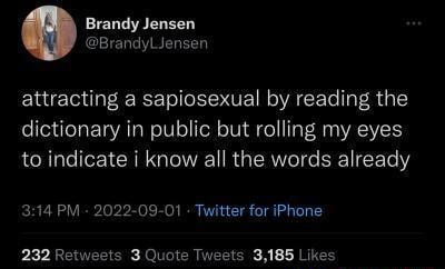 Brandy Jensen @BrandyLJensen attracting a sapiosexual by reading the dictionary in public but ...