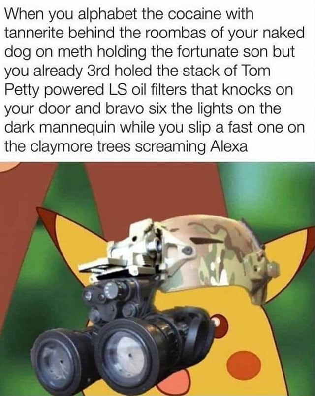 When you alphabet the cocaine with tannerite behind the roombas of your ...