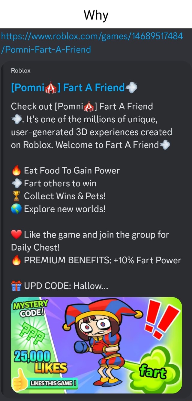 Why Pomni Fart A Friend Roblox Pomni Fart A Friend Check Out Pomni Fart A Friend Its One Of