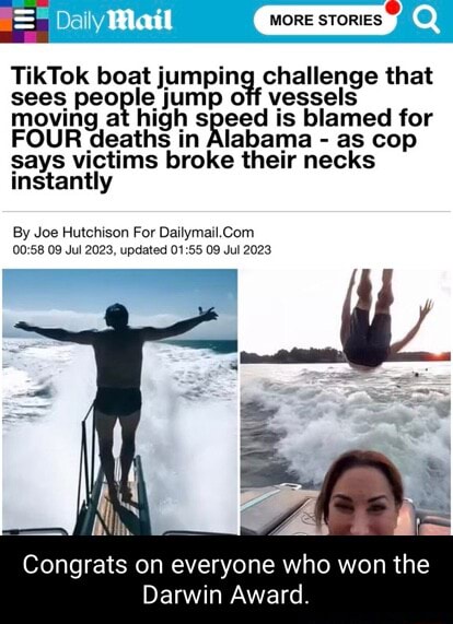 MORE STORIES TikTok boat people jumping challenge that sees at jump off vessels moving at high ...