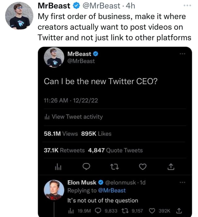 MrBeast @MrBeast ly first order of business, make it where creators ...