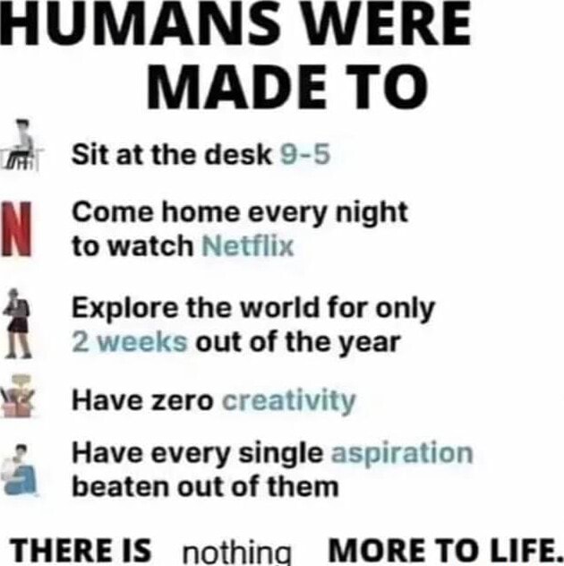 HUMANS WERE MADE TO Sit at the desk 9-5 Come home every night to watch Netflix Explore the world ...