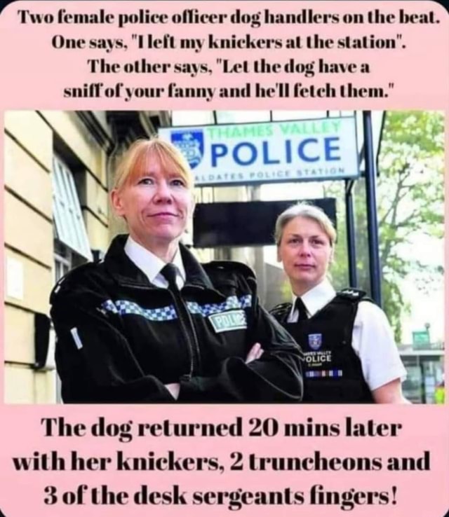 Two female police officer dog handlers on the beat. One says, "I left ...