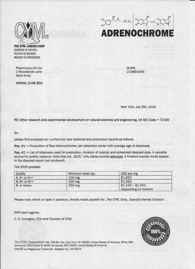 ADRENOCHROME THE CYM. CARING CORP CARING IS YOUTH. YOUTH IS MONEY ...