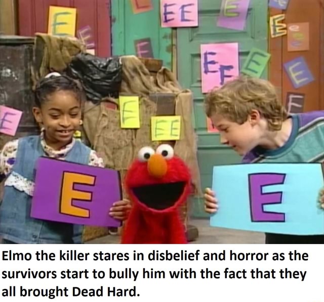 Elmo the killer stares in disbelief and horror as the survivors start ...