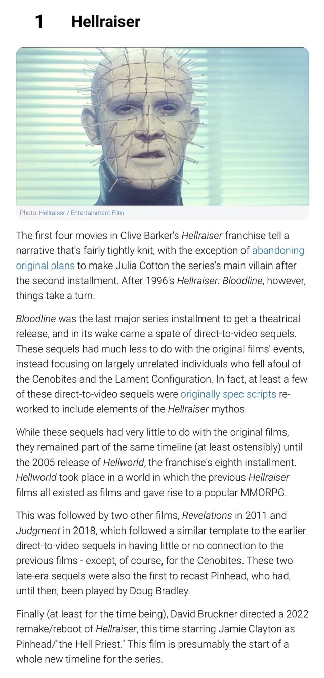 'Hellraiser Photo: Hellraiser / Entertainment Film The first four movies in Clive Barker's ...