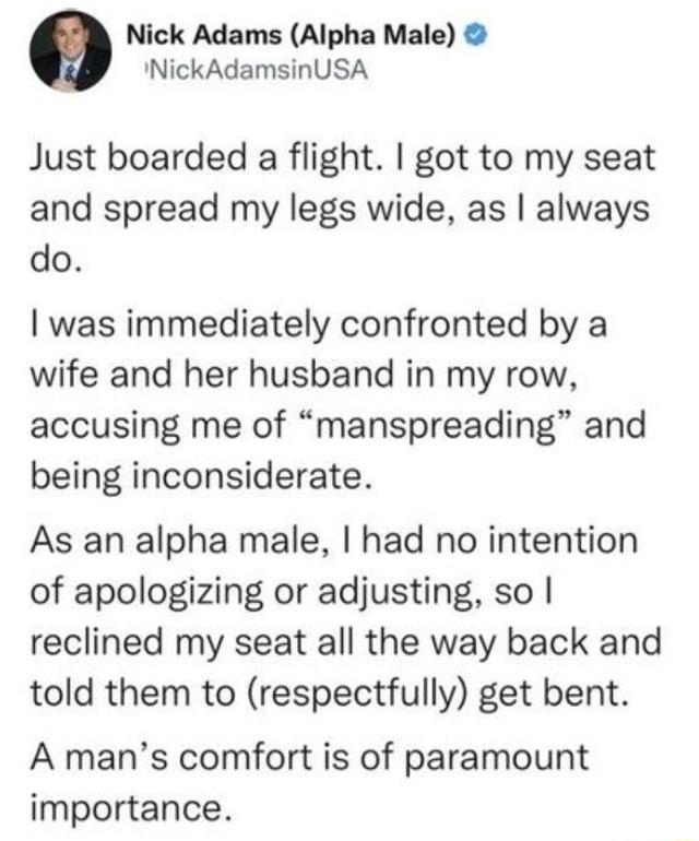 Nick Adams (Alpha Malle) WickAdamsinUSA Just boarded a flight. I got to ...