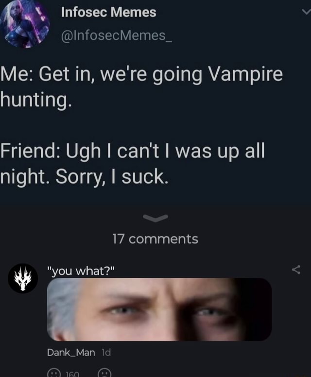 Infosec Memes @lnfosecMemes_ Me: Get in, we're going Vampire hunting ...