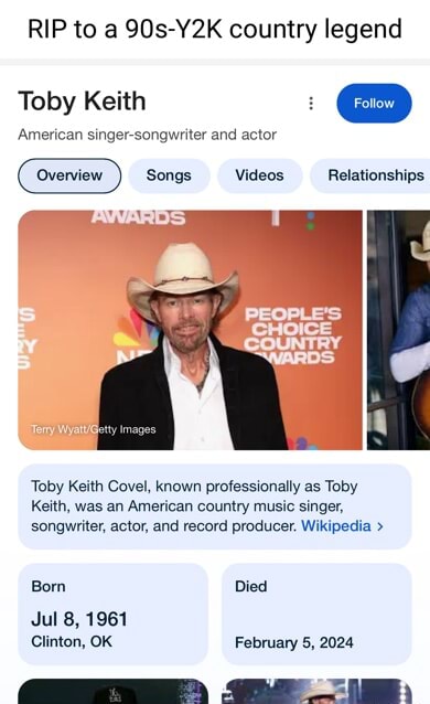 RIP to a 90s-Y2K country legend Toby Keith American singer-songwriter ...