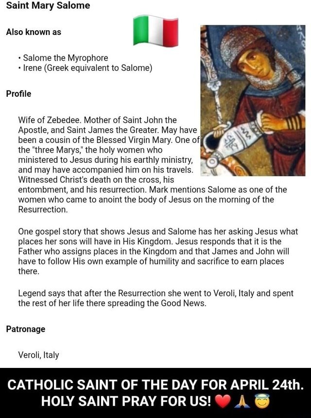 Saint Mary Salome Also known as + Salome the Myrophore Irene (Greek ...