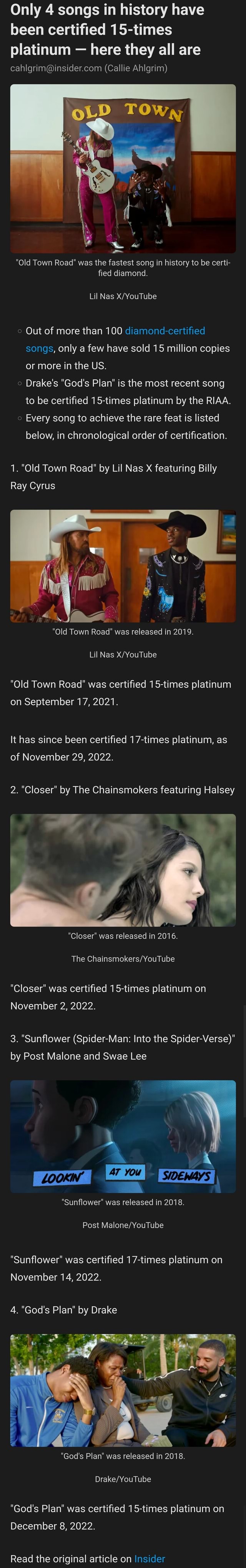 Only 4 songs in history have been certified 15-times platinum - here ...
