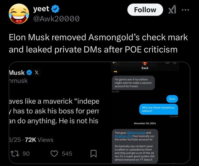 Elon Musk removed Asmongold's check mark and leaked private DMs after ...
