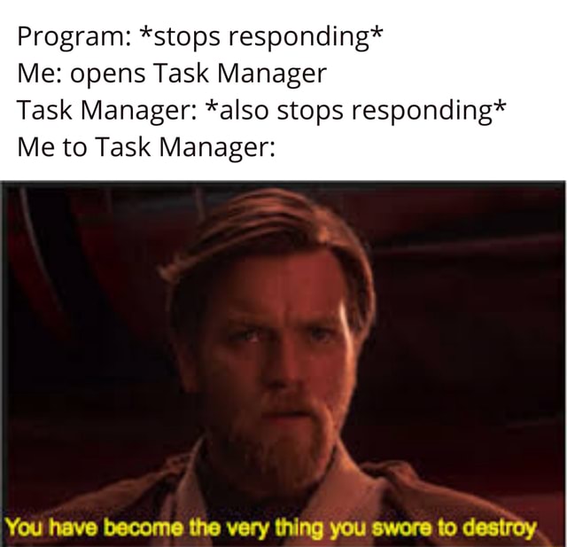 Program: *stops responding* Me: opens Task Manager Task Manager: *also ... Program: *stops responding* Me: opens Task Manager Task Manager: *also ...