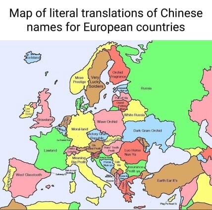 Map of literal translations of Chinese names for European countries ...