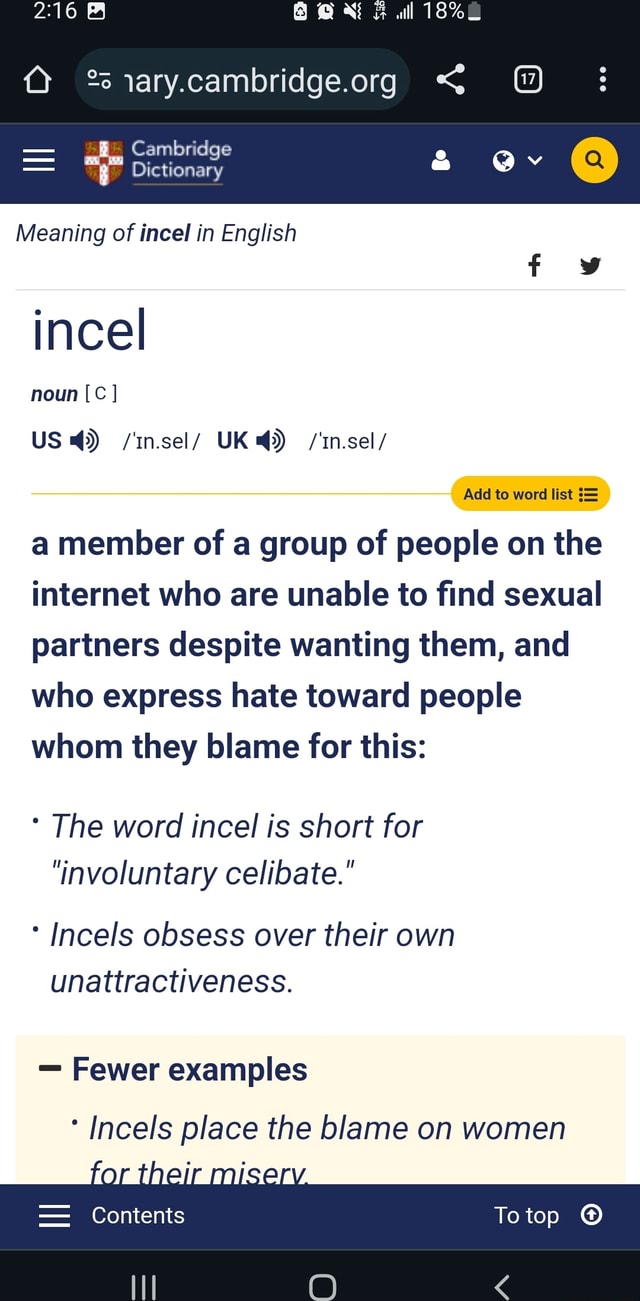 B BON ull Cambridge Dictionary Meaning of incel in English incel noun ...