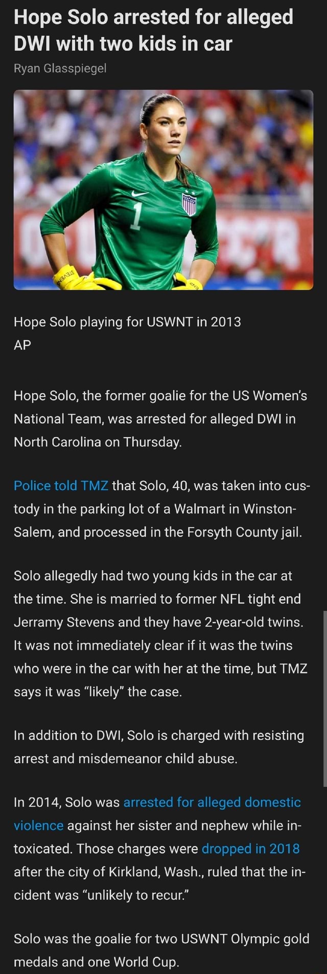 Hope Solo arrested for alleged DWI with two kids in car Ryan ...