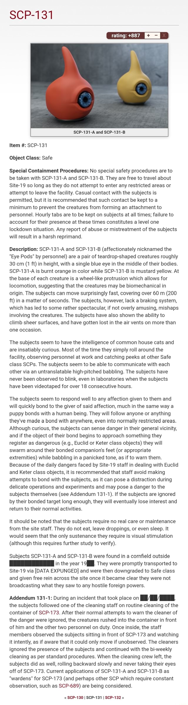 SCP-131 rating: +887 SCP-131-A and SCP-131-8 Item SCP-131 Object Class ...