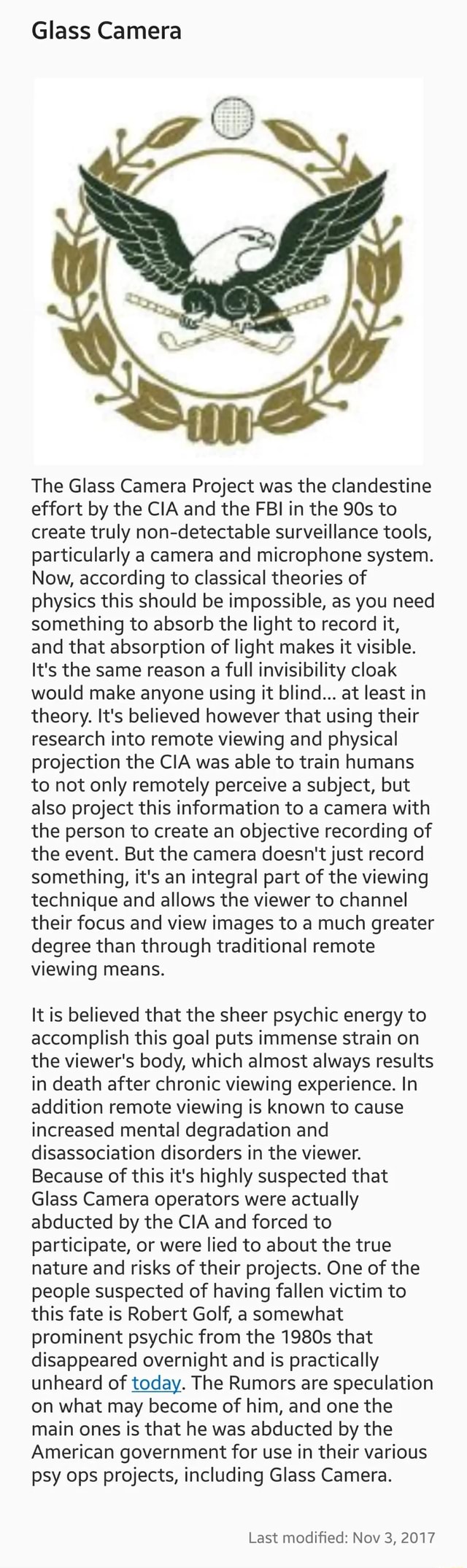 Cia - Glass Camera The Glass Camera Project was the clandestine effort ...
