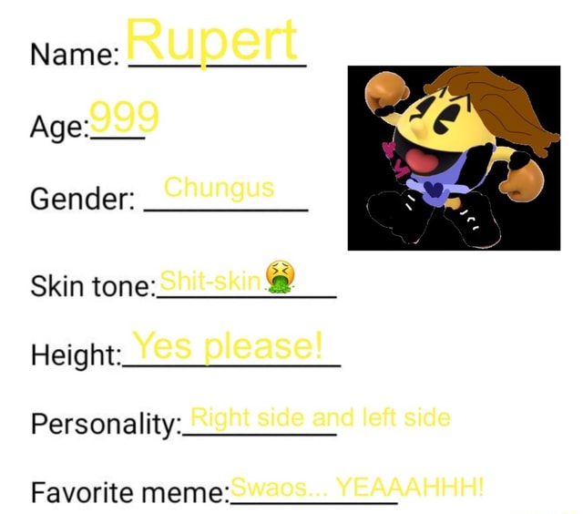 Name: Age: Gender: Skin tone: 2 Height: Personality: Favorite meme ...
