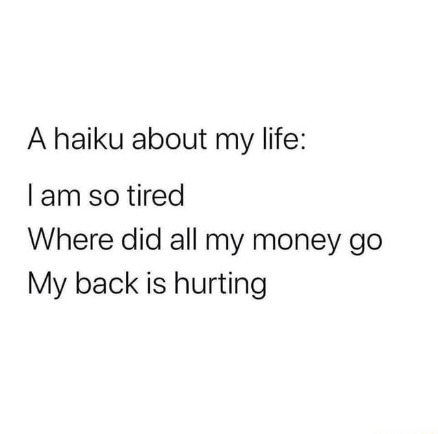A haiku about my life: lam so tired Where did all my money go My back ...