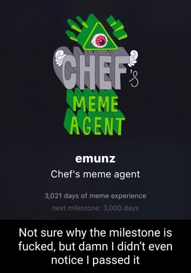 Emunz Chef's meme agent 3,021 days of meme experience Not sure why the milestone is fucked, but ...