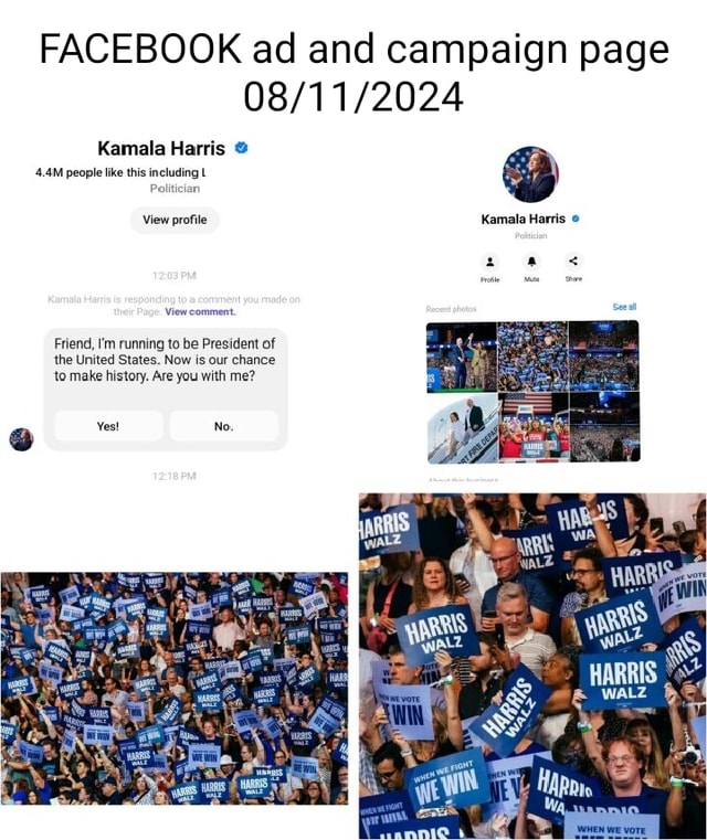 FACEBOOK ad and campaign page Kamala Harris @ 4.4M people like this ...