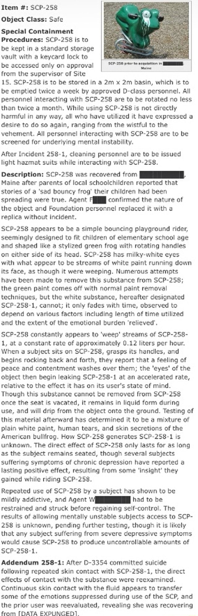 Object Class: Safe Special Containment Procedures: SCP-258 is to be ...