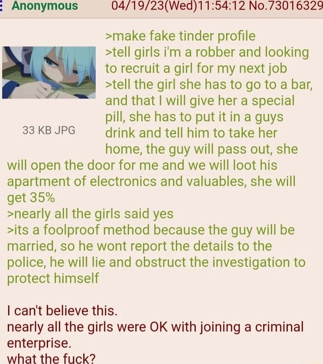 Anonymous No. 7301 >make fake tinder profile >tell girls i'm a robber and looking to recruit a ...