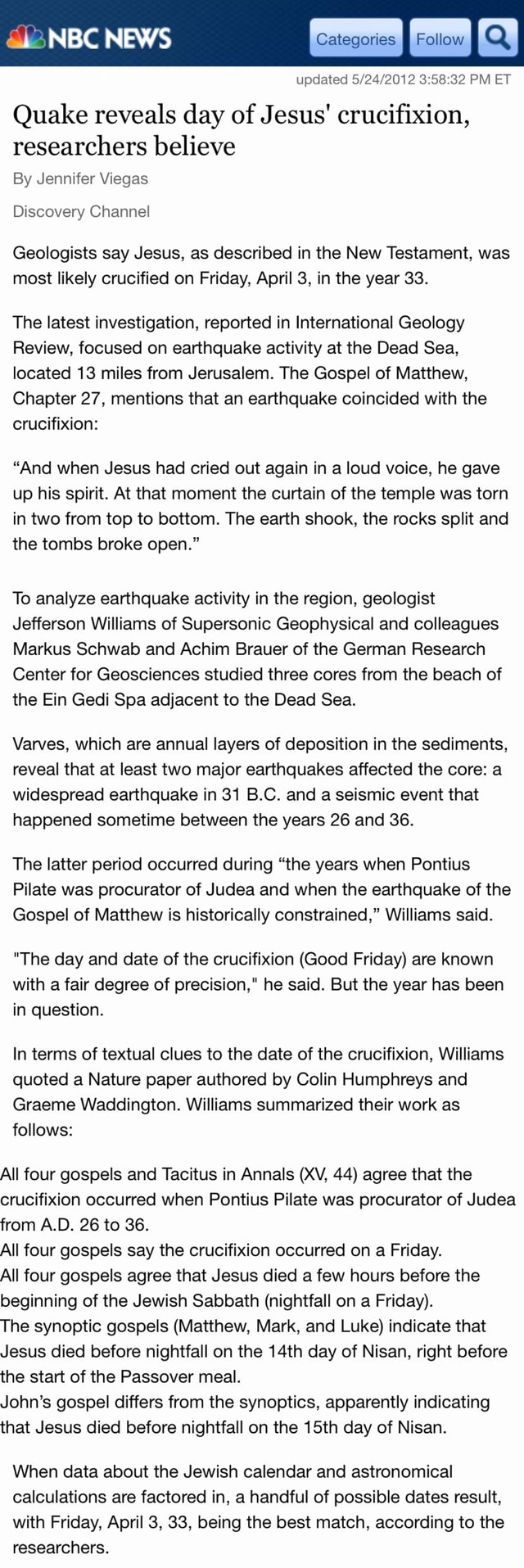 Quake reveals day of Jesus' crucifixion, researchers believe By ...