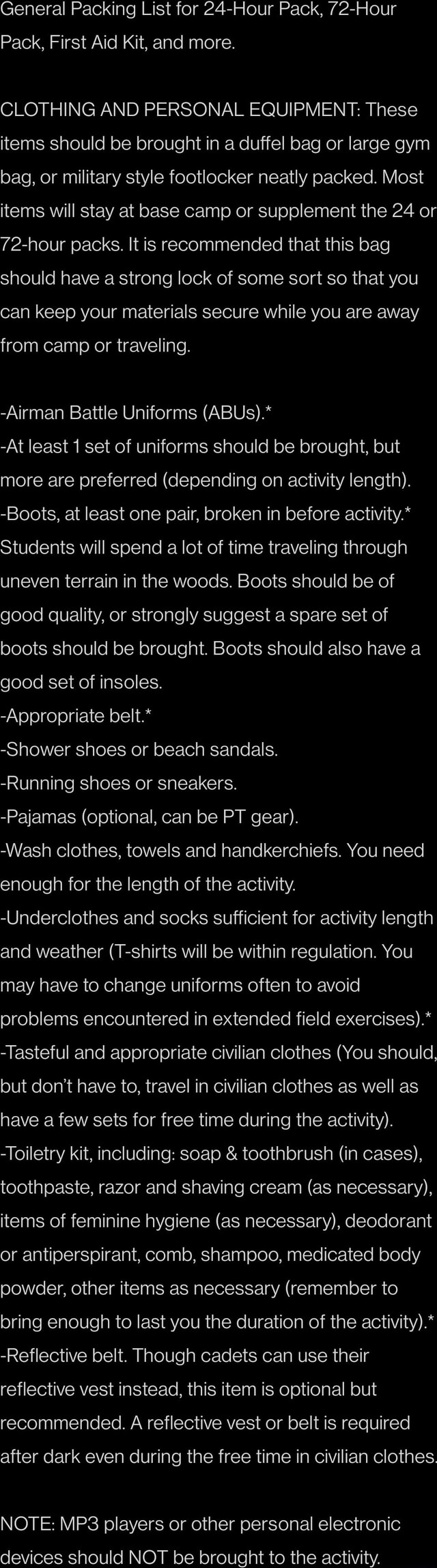 General Packing List for 24-Hour Pack, 72-Hour Pack, First Aid Kit, and ...