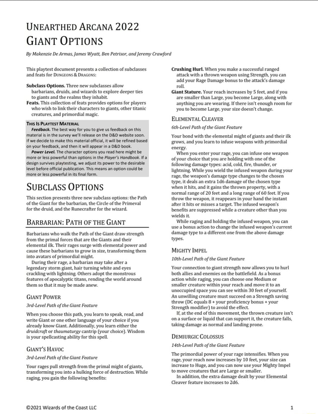 UNEARTHED ARCANA 2022 GIANT OPTIONS By Makenzie De Armas, James Wyatt ...