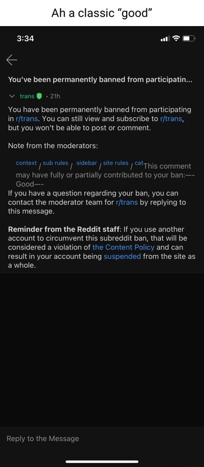 Aha classic "good" You've been permanently banned from participatin ...