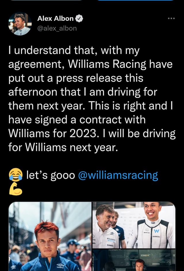 @alex albon I understand that, with my agreement, Williams Racing have ...