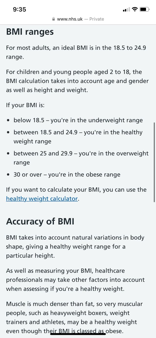 @ www.nhs.uk - Private BMI ranges al For most adults, an ideal BMI is ...